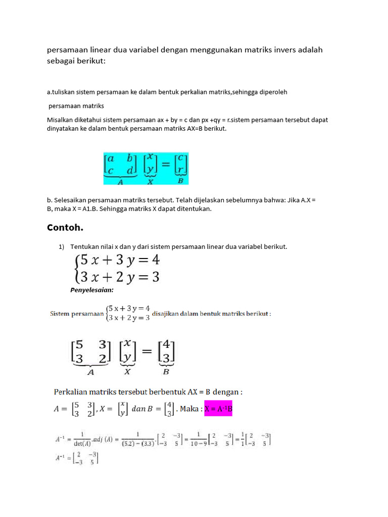 Persamaan Linear Dua Variabel Dengan Menggunakan Matriks Invers Adalah Sebagai Berikut | PDF ...