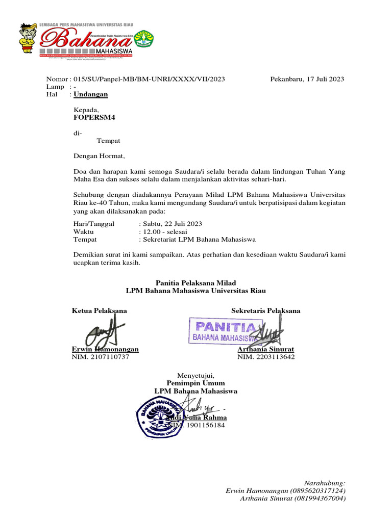 Undangan Milad LPM Bahana Mahasiswa | PDF
