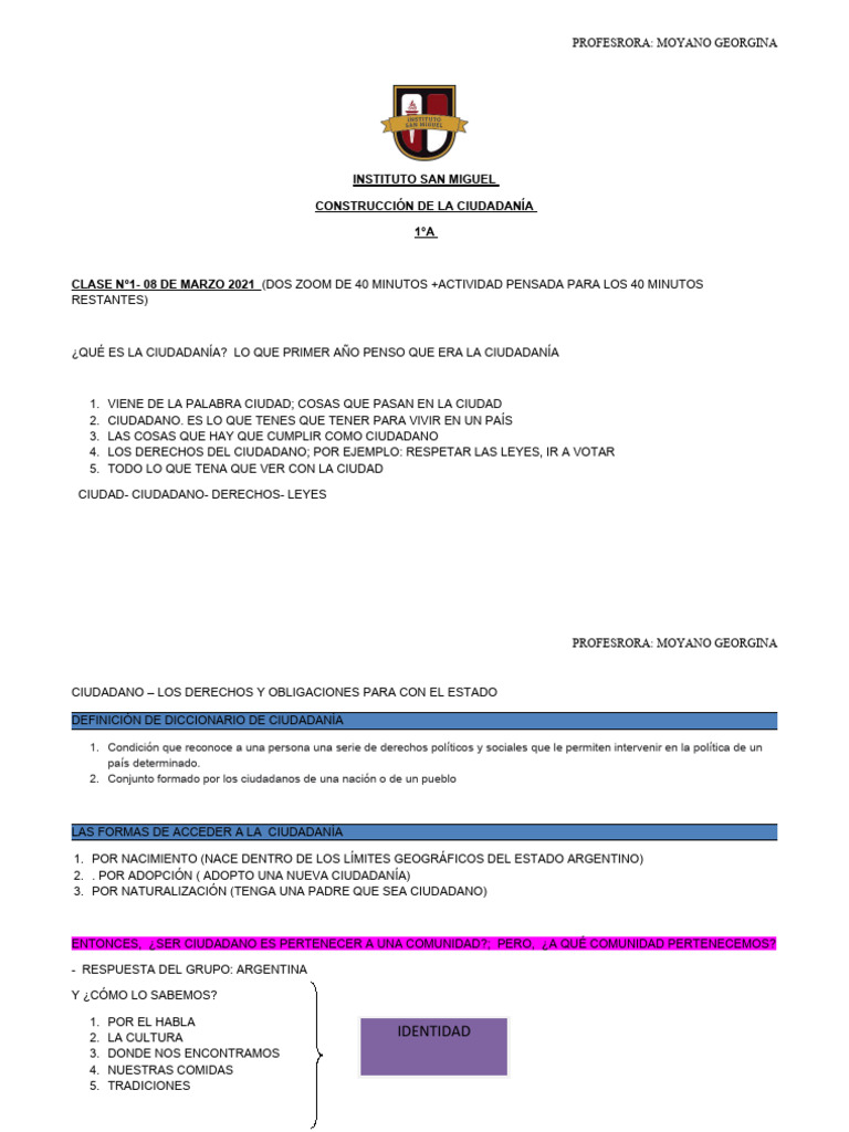 CLASE N°1 -CIUDADANÍA 1°A (2) | PDF | Ciudadanía
