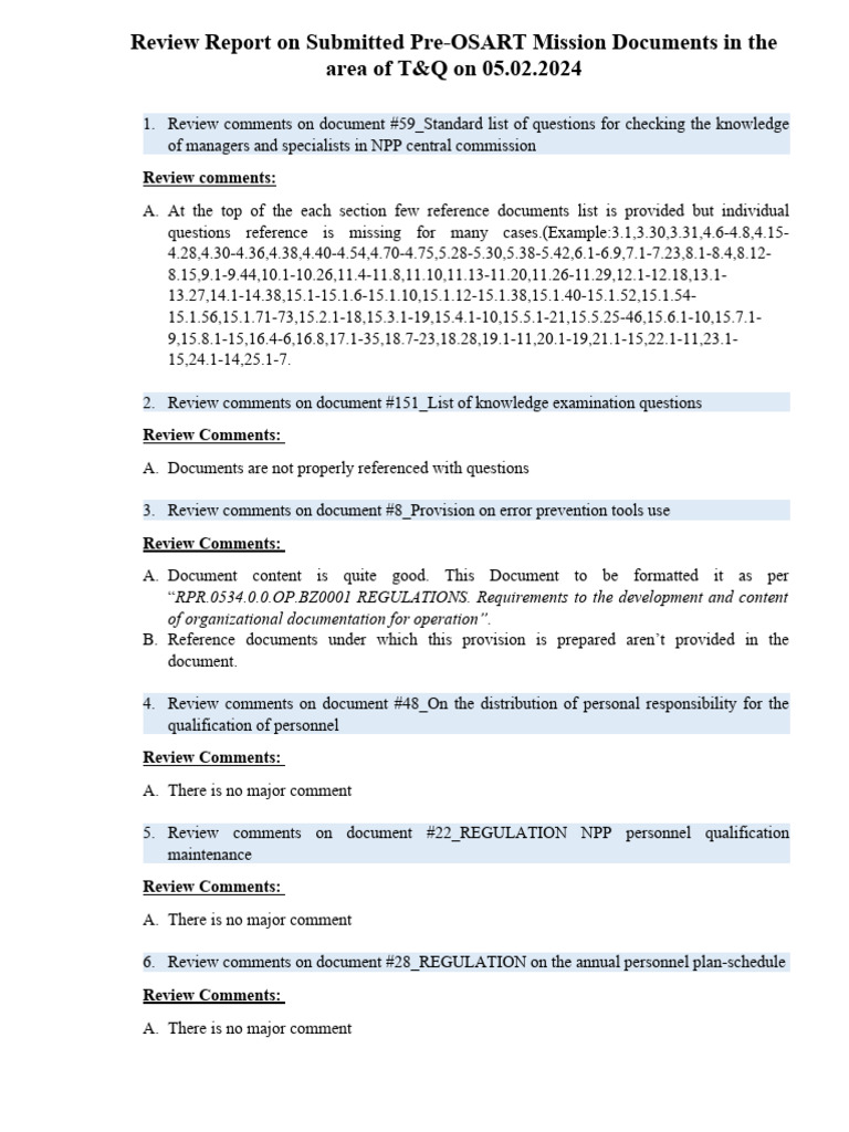 Review Report On Submitted Pre-OSART Mission Documents inTQ Area | PDF ...