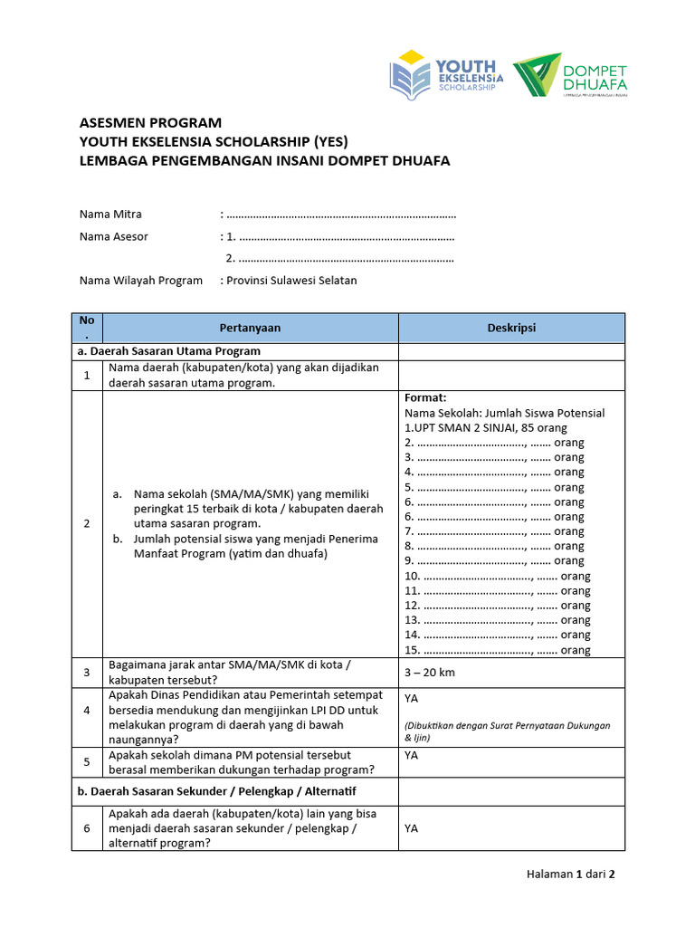 Instrumen Asesmen Program YES SMAN 2 Sinjai | PDF