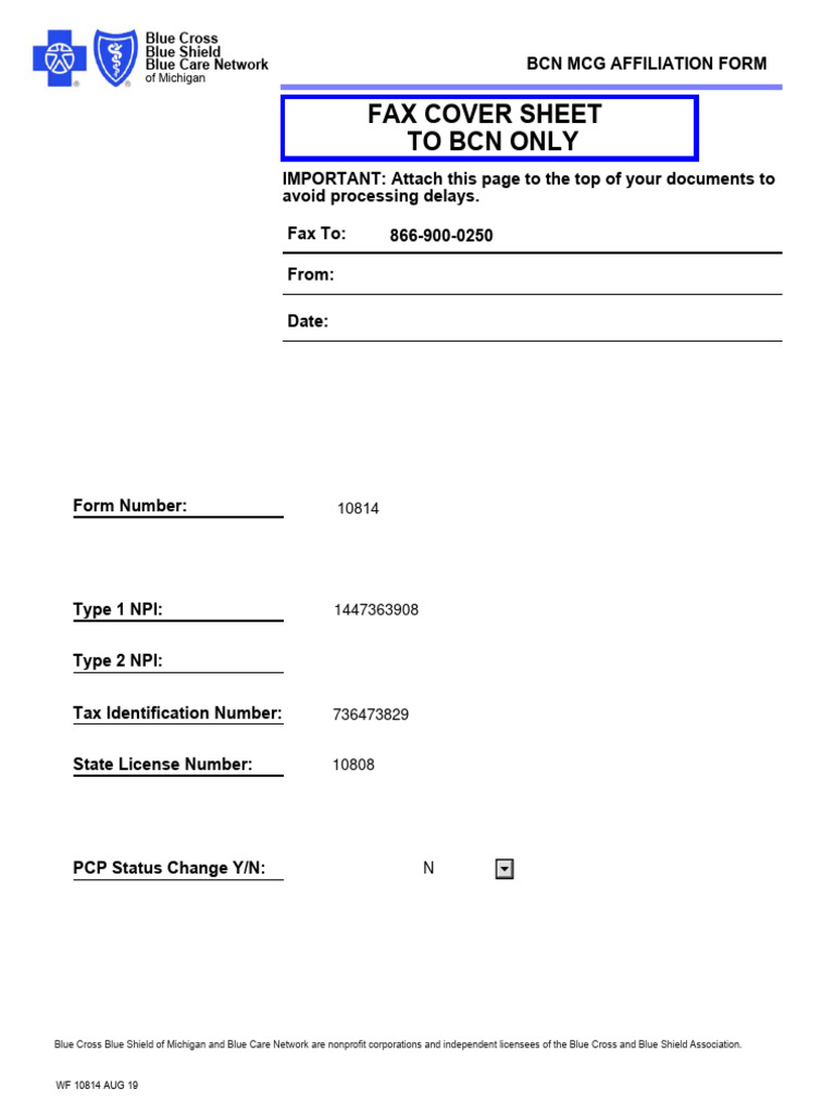 BCN Fax Cover Sheet Instructions | PDF | Blue Cross Blue Shield ...