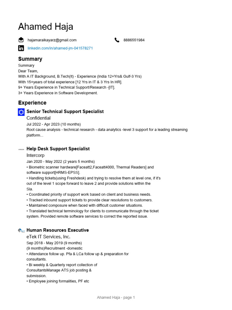 Resume Ahamed Haja | PDF | Computing | Information Technology