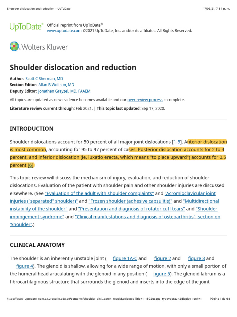 Shoulder Dislocation and Reduction - UpToDate | PDF | Shoulder ...