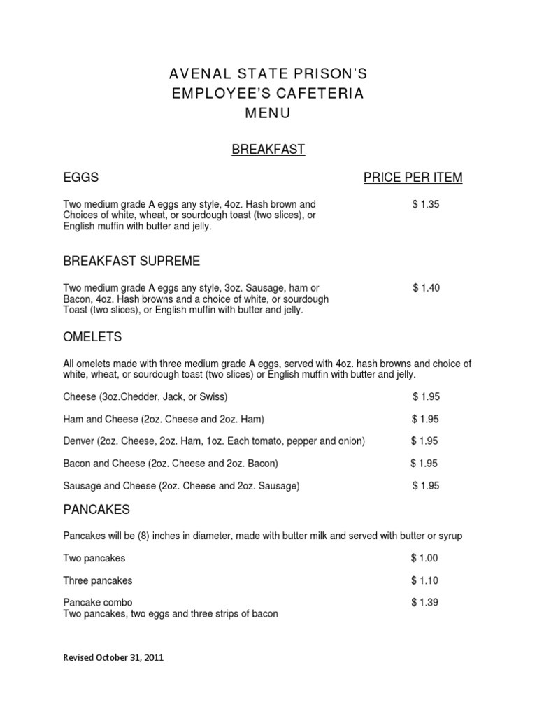 Avenal State Prison - Menu Items | PDF | Salad | Hamburgers