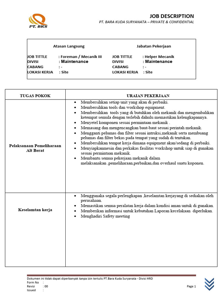 Deskripsi Tugas Mekanik dan Helper | PDF