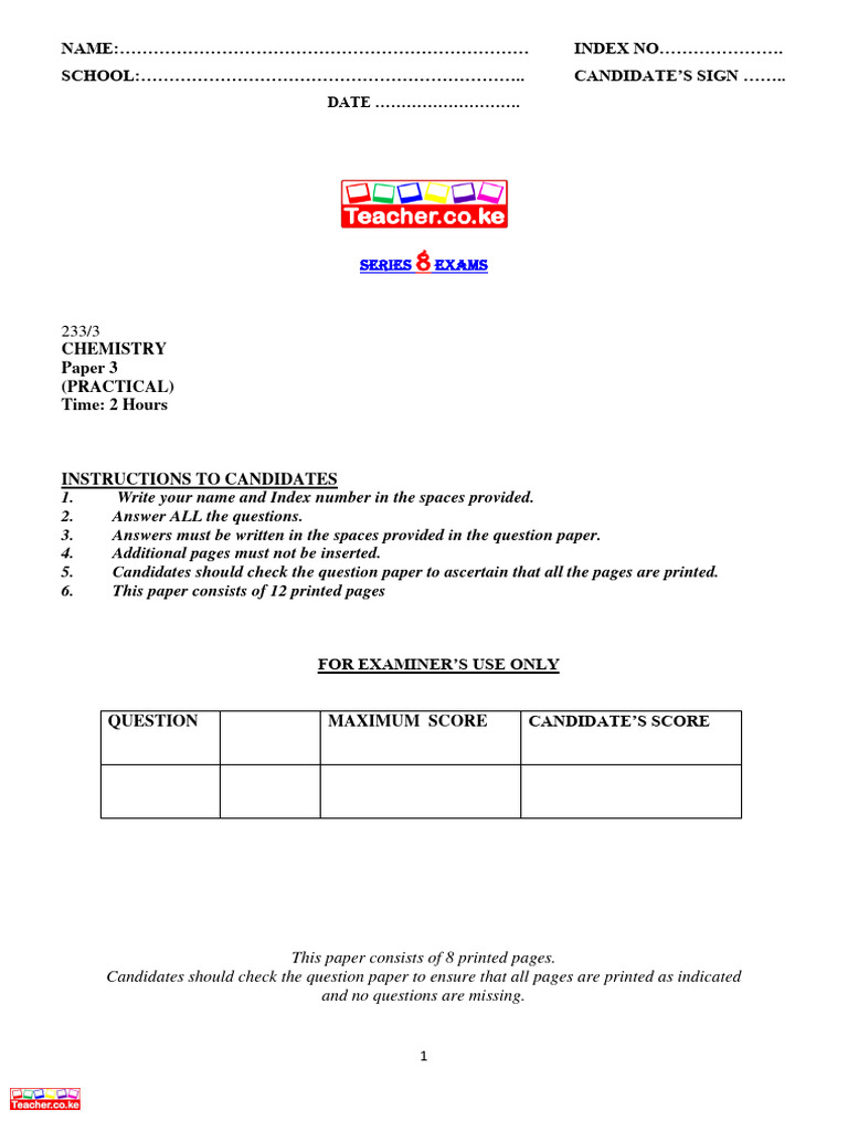 Chemistry Practical Exam 8 Questions | PDF | Acid | Hydrochloric Acid
