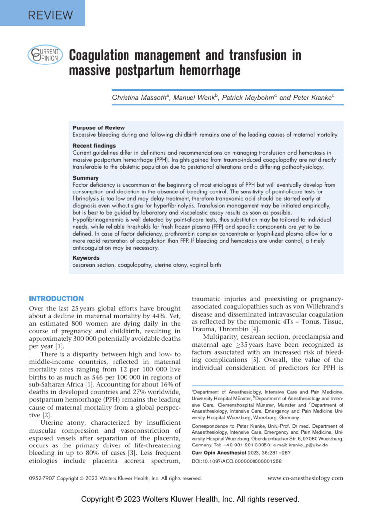 Coagulation Management and Transfusion in Massive Postpartum Hemorrhage ...
