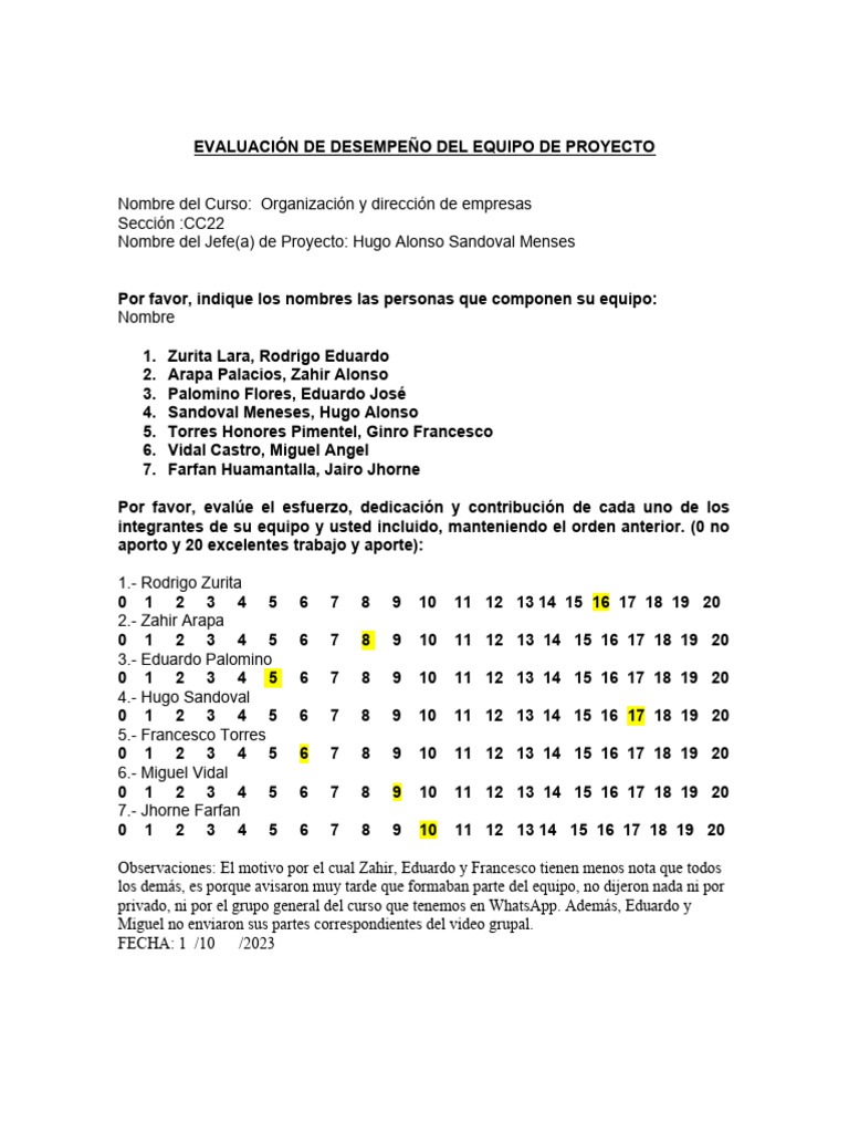 Evaluación Del Equipo de Proyecto - Curso - 2023-2 v2 | PDF