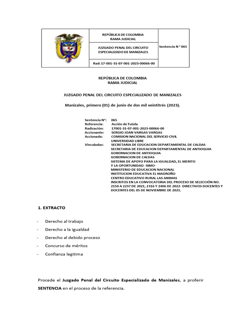 República de Colombia Rama Judicial: 1. Extracto | PDF | Caso de ley | Debido al proceso