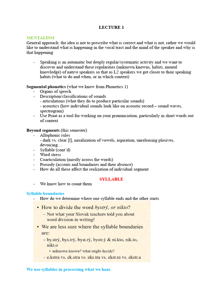 Lecture 1 | PDF | Syllable | Consonant