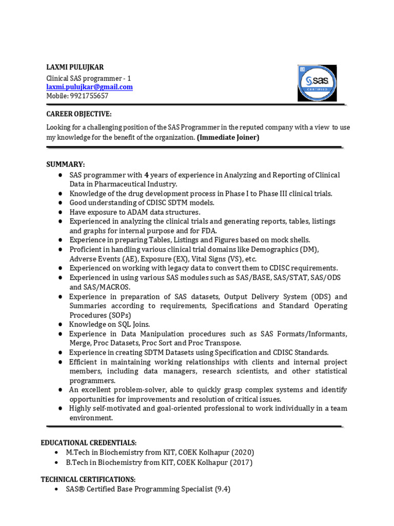 Laxmi Clinical SAS Resume | PDF | Sas (Software) | Clinical Trial