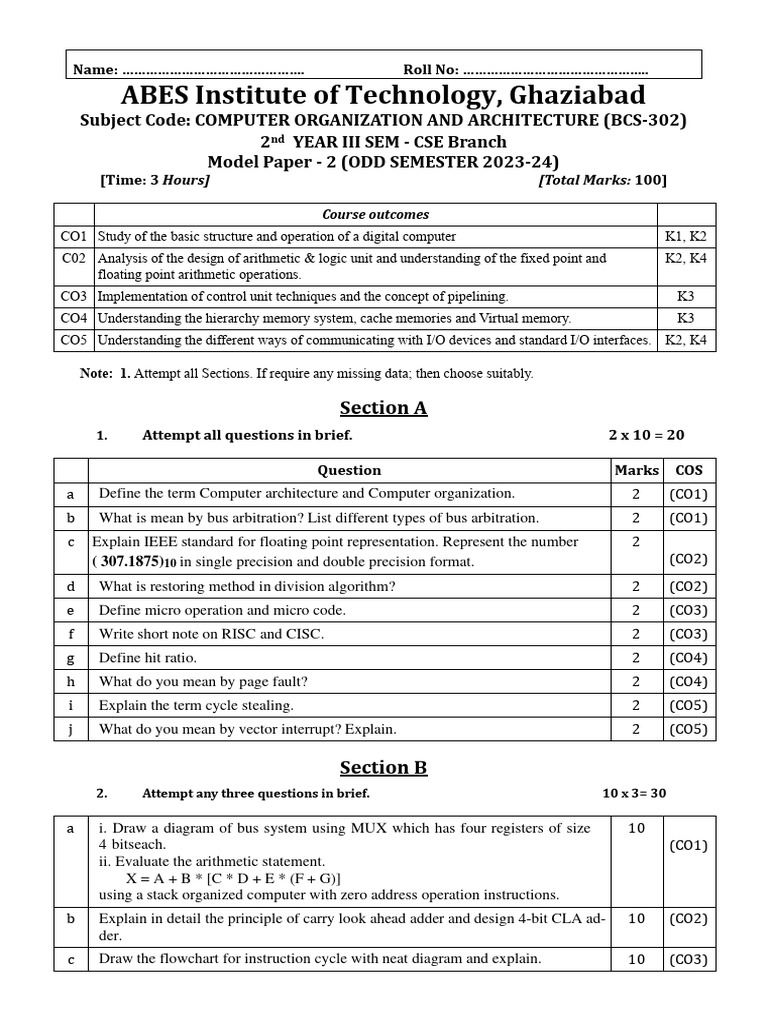 MP2 Coa BCS302 Paper 2022-23 | PDF | Cpu Cache | Computer Memory