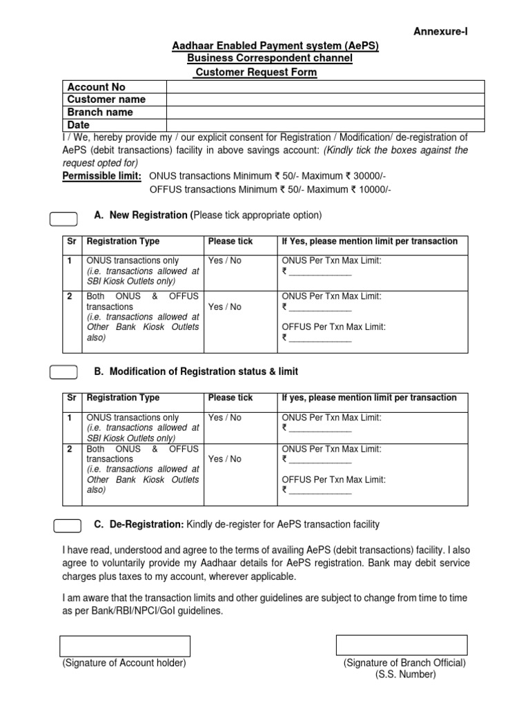 Application Form For AePS | PDF | Debit Card | Banks