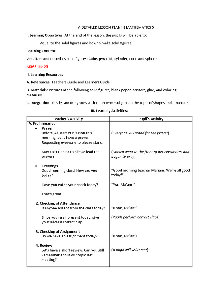 DLP in Grade 5 - Mathematics (Word) | PDF | Shape | Sphere