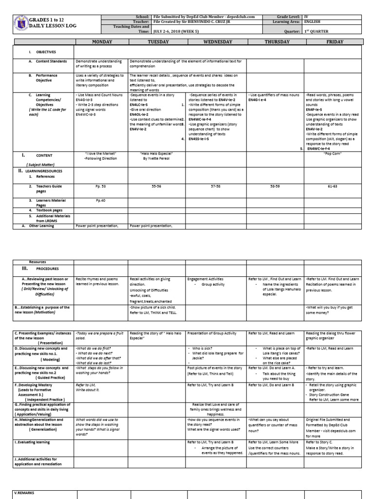 DLL - English 4 - Q1 - W5 | PDF | Reading Comprehension | Learning