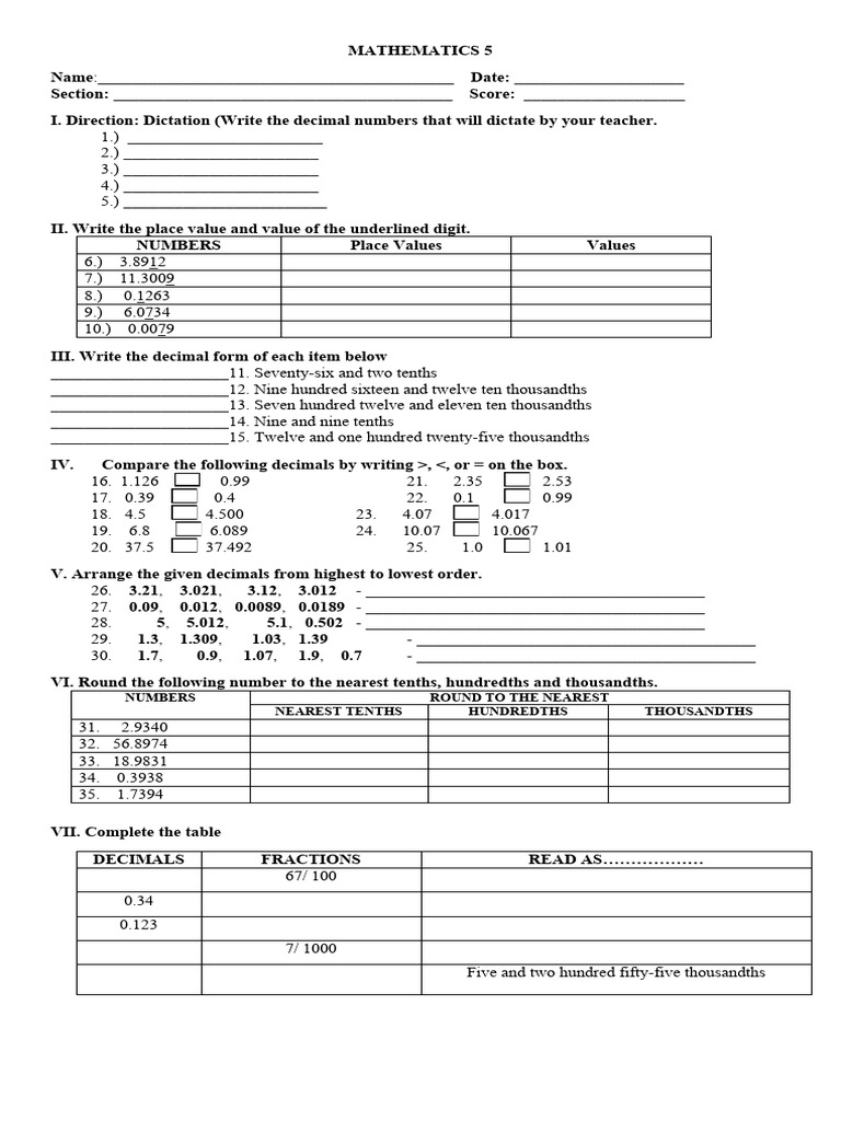 Summative Math 5 Decimals | PDF | Mathematics | Arithmetic