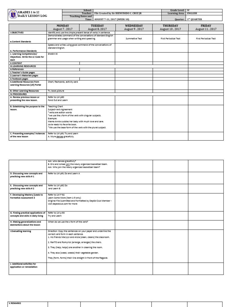 Grade 4 DLL English 4 q1 Week 10 | PDF | English Language | Learning