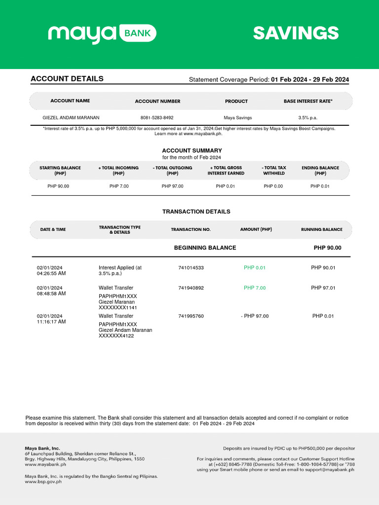 Maya Wallet Statement - Feb 2024 | PDF | Banks | Deposit Account