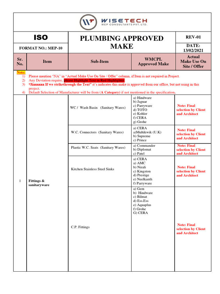ISO-PLUMBING-APPROVED MAKE Rev.04 22.12.2023 | PDF | Pipe (Fluid Conveyance) | Fibre Reinforced ...