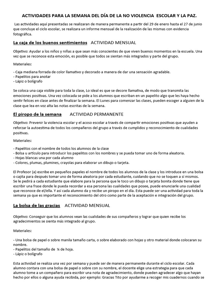 Actividades para la No Violencia Escolar | PDF | Escuelas | Violencia