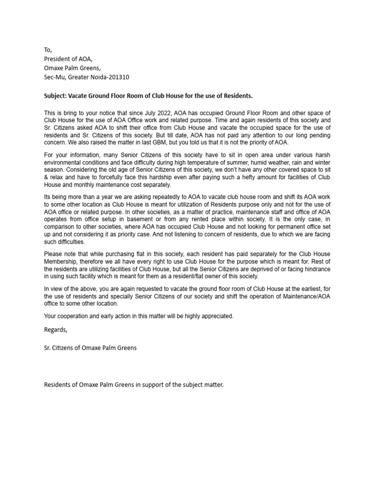 Letter To AOA To Vacate Club House | PDF
