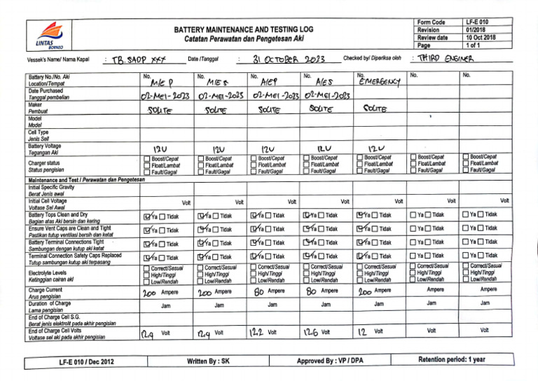Battery Maintenace and Testing Log October | PDF