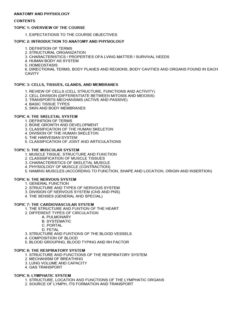 Anatomy and Physiology Course Outline | PDF | Human Body | Lymph