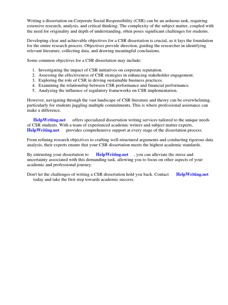 CSR Dissertation Objectives Explained | PDF | Corporate Social Responsibility | Goal