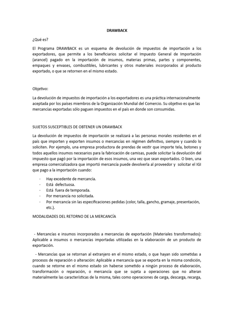 Programa Drawback: Devolución de Impuestos | PDF | Exportaciones | Business