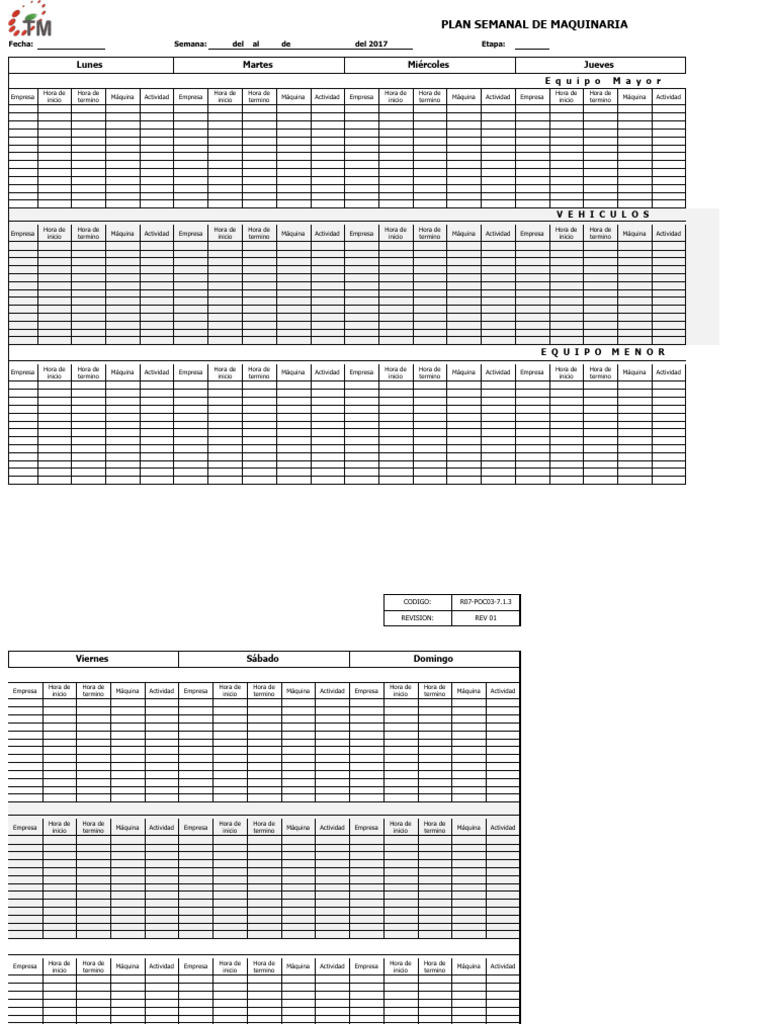 R07-POC03-7.1.3 Plan Semanal de Maquinaria | PDF