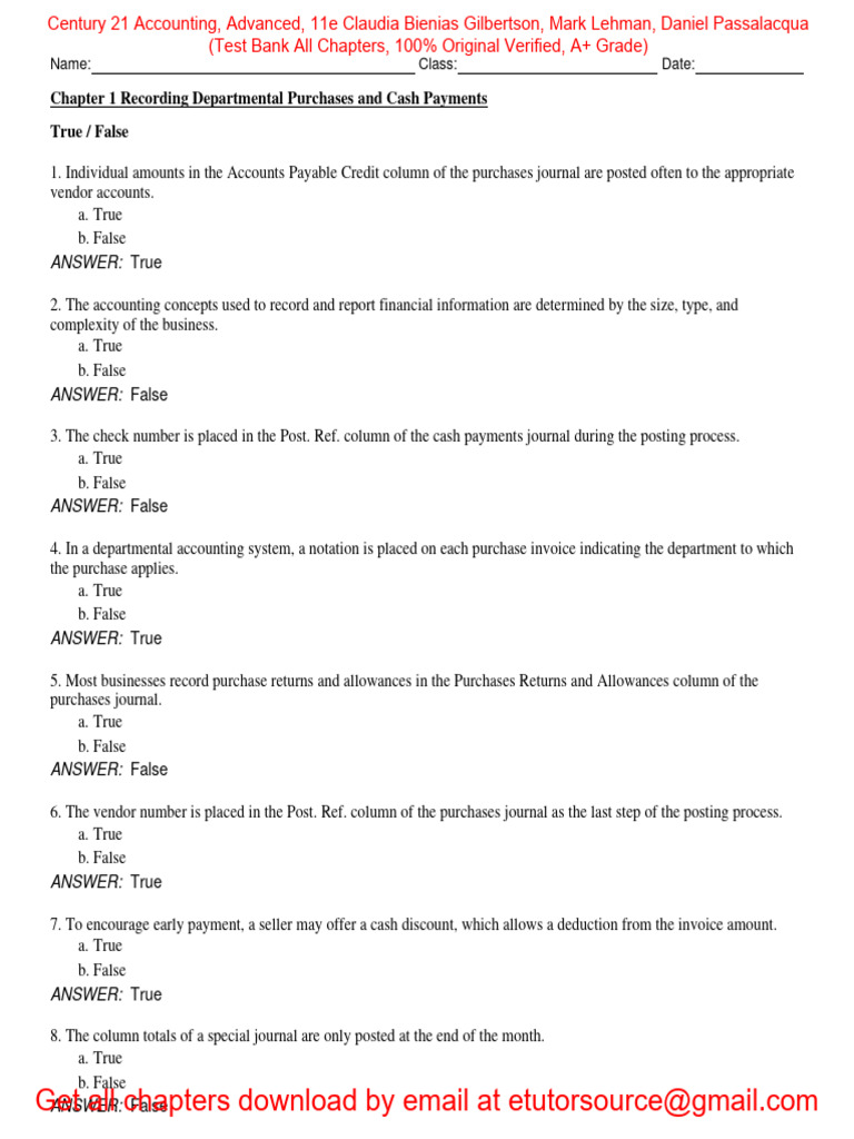 Test Bank For Century 21 Accounting, Advanced, 11e Claudia Bienias ...