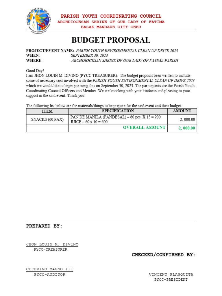 Budget Proposal for Clean Up Drive 2023 | PDF