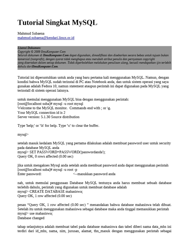Tutor Singkat My SQL | PDF | Metode & Bahan Ajar