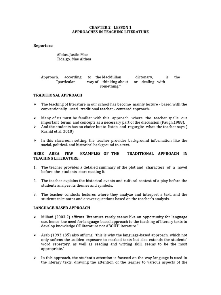 CHAPTER 2 LESSON 1 - Approaches in Teaching Literature | PDF | Teachers ...