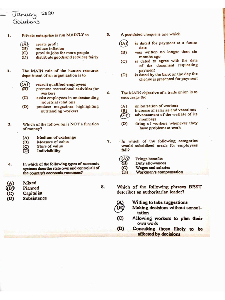 POB January 2020 Answers | PDF