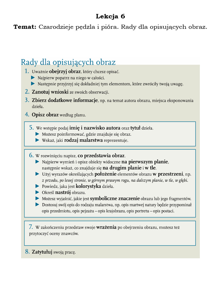 Lekcja 6. Klasa 6. Opis Obrazu. | PDF