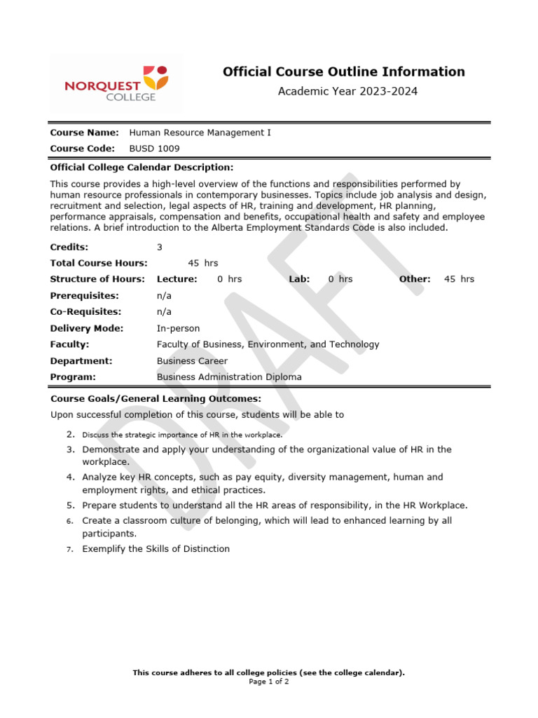 BUSD 1009 HRM I Course Outline 2023-2024 May 23, 2023 | PDF