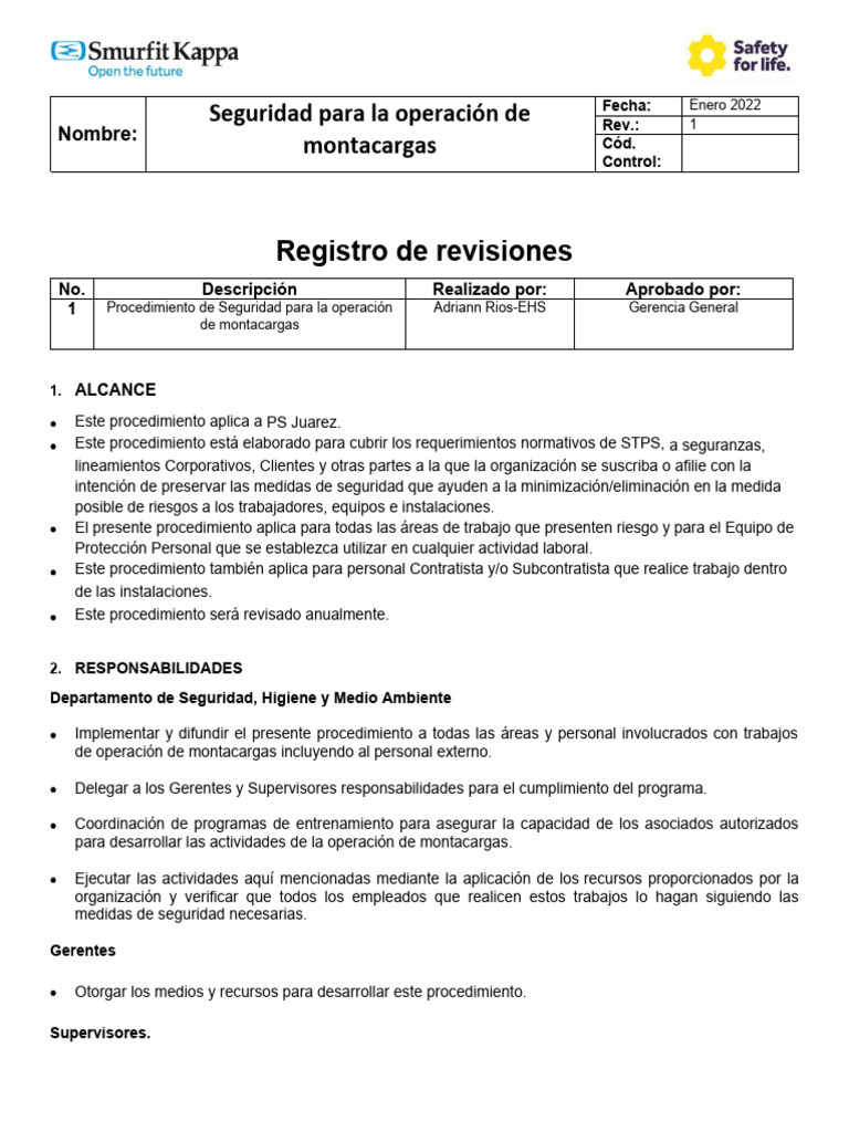 01 - Procedimiento de Seguridad de Operacion de Montacargas | PDF | Máquina elevadora