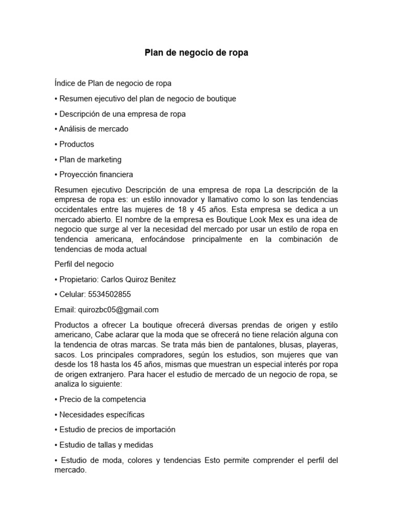 Plan de Negocio de Ropa | PDF | Moda | Plan de negocios