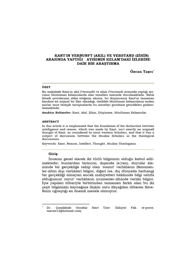 Kant N Vernunft (Ak L) Ve Verstand (Zihin) Aras Nda Yapt Ay R M N Kelamdaki Zlerine Dair Bir Ara ...