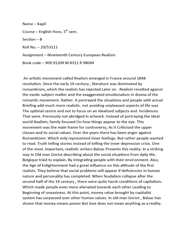 Assignment | PDF | Realism (Arts) | Romanticism