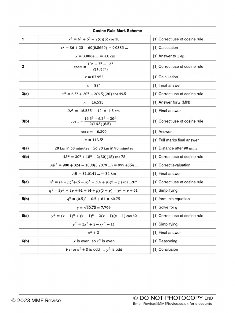 Cosine Rule Exam Solutions | PDF | Mathematical Objects | Trigonometry