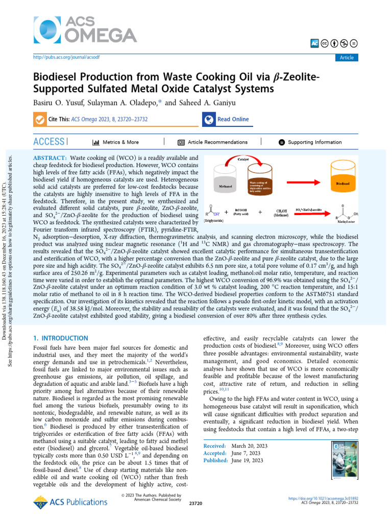 yusuf et al 2023 biodiesel production from waste cooking oil via β zeolite supported sulfated ...