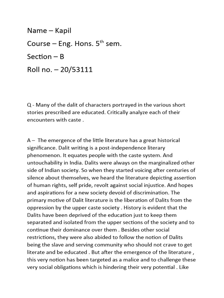 Short stories Assignment | PDF | Dalit | Caste