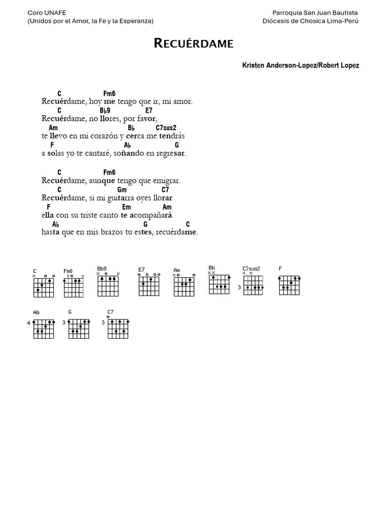 Canción "Recuérdame" del Coro UNAFE | PDF