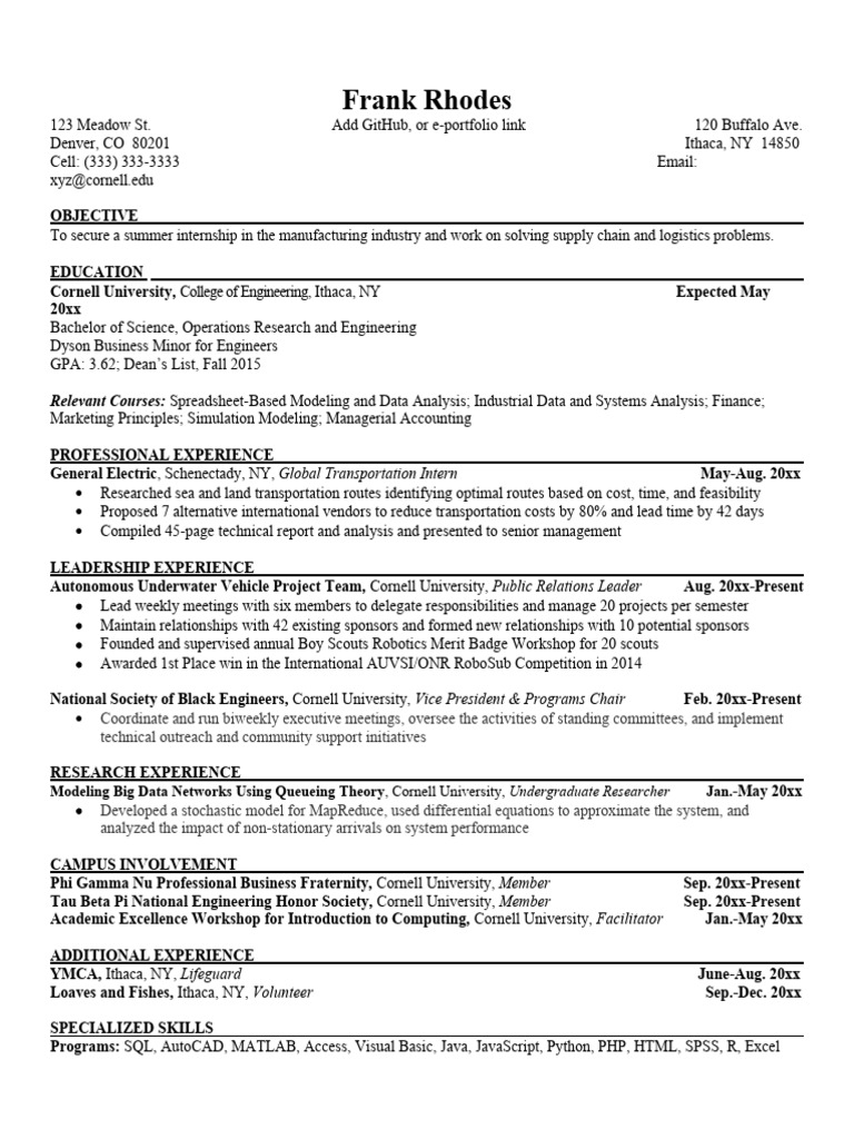 Undergrad Resume Template | PDF | Cornell University | Computing