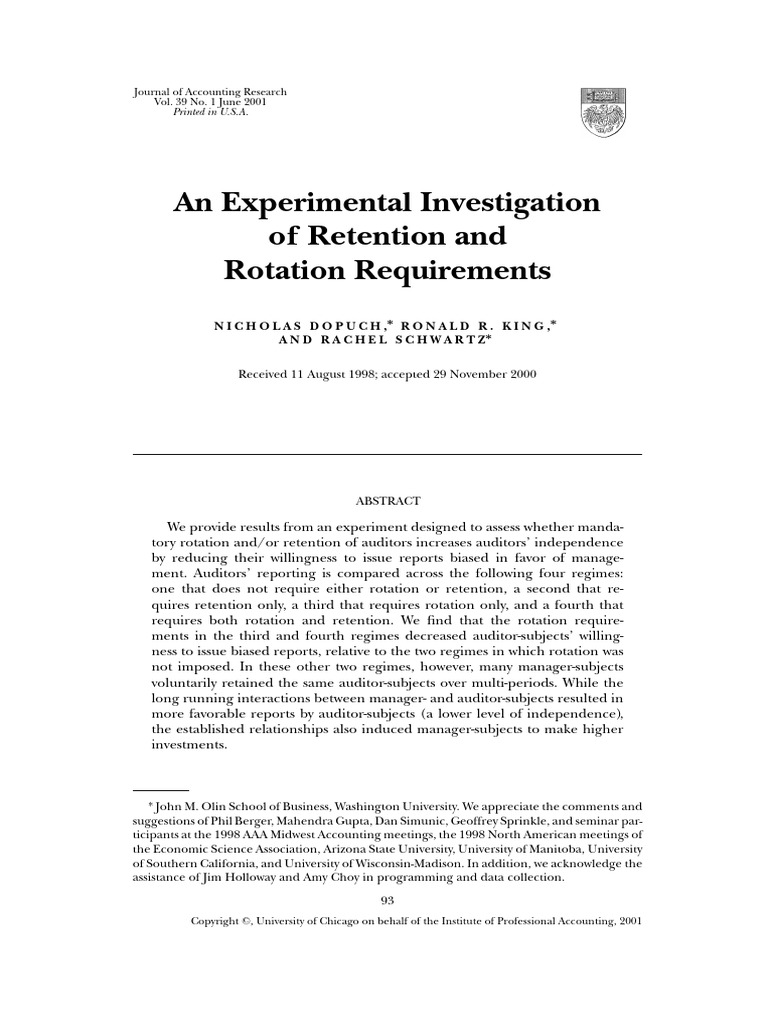 An Experimental Investigation of Retention and Rotation Requirements ...