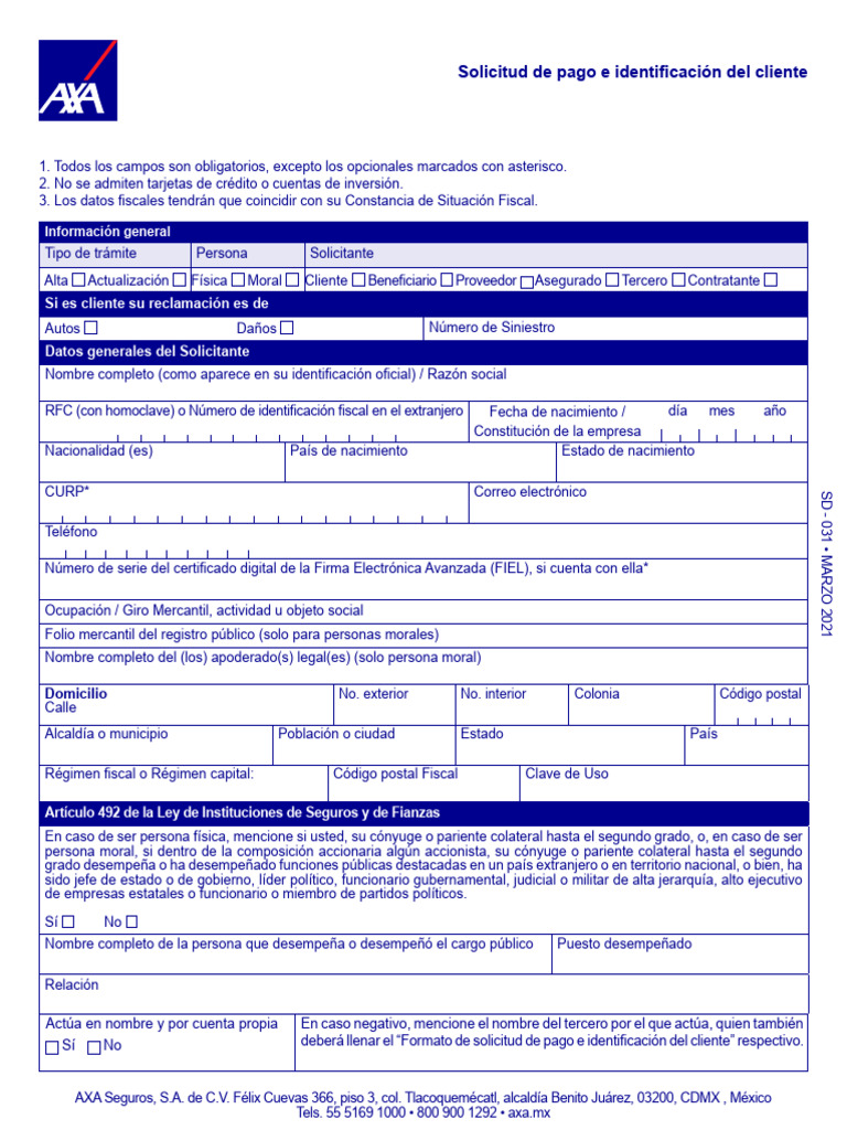 SD035 - Solicitud de Pago e Identificación Del Cliente AXA - MX | PDF | Póliza de seguros | Seguro