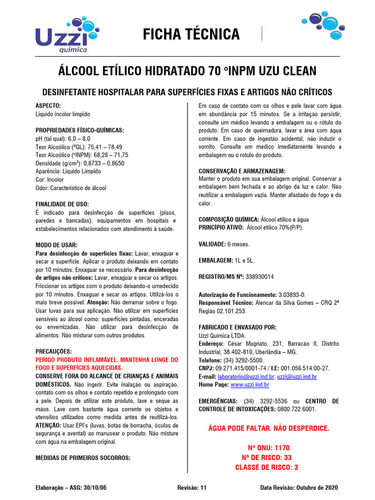 Ficha Tecnica Do Desinfetante Hospitalar A Base de Alcool Etilico Uzzi ...